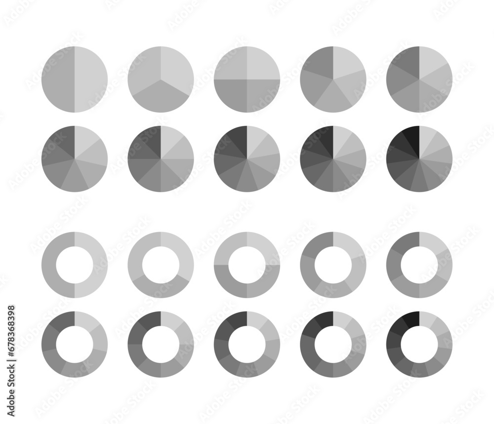 Circle graph collection in shadows of gray color. Piechart with section ...