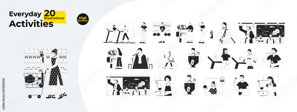 Daily life activities black and white cartoon flat illustration bundle ...