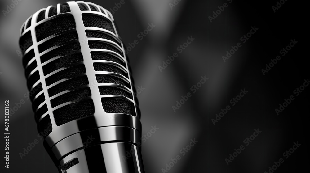 Macro close-up of a modern sleek microphone over a studio background ...