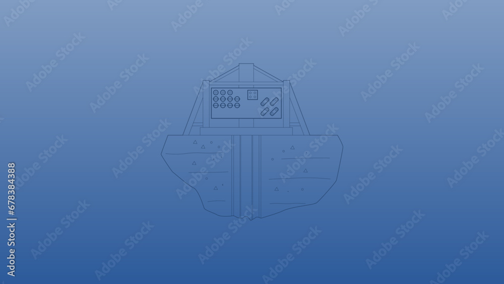 Subsea wellhead, control panel, and drill string drawing on a blue ...