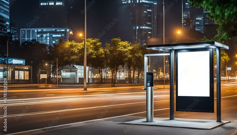 Empty billboard mockup on bus stop at roadside in city. Outdoor blank ...