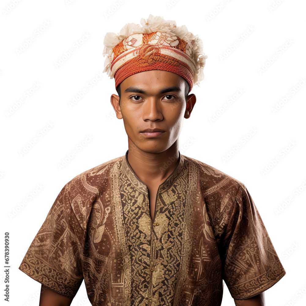 front view mid body shot of a male Balinese from Indonesia in a Udeng ...