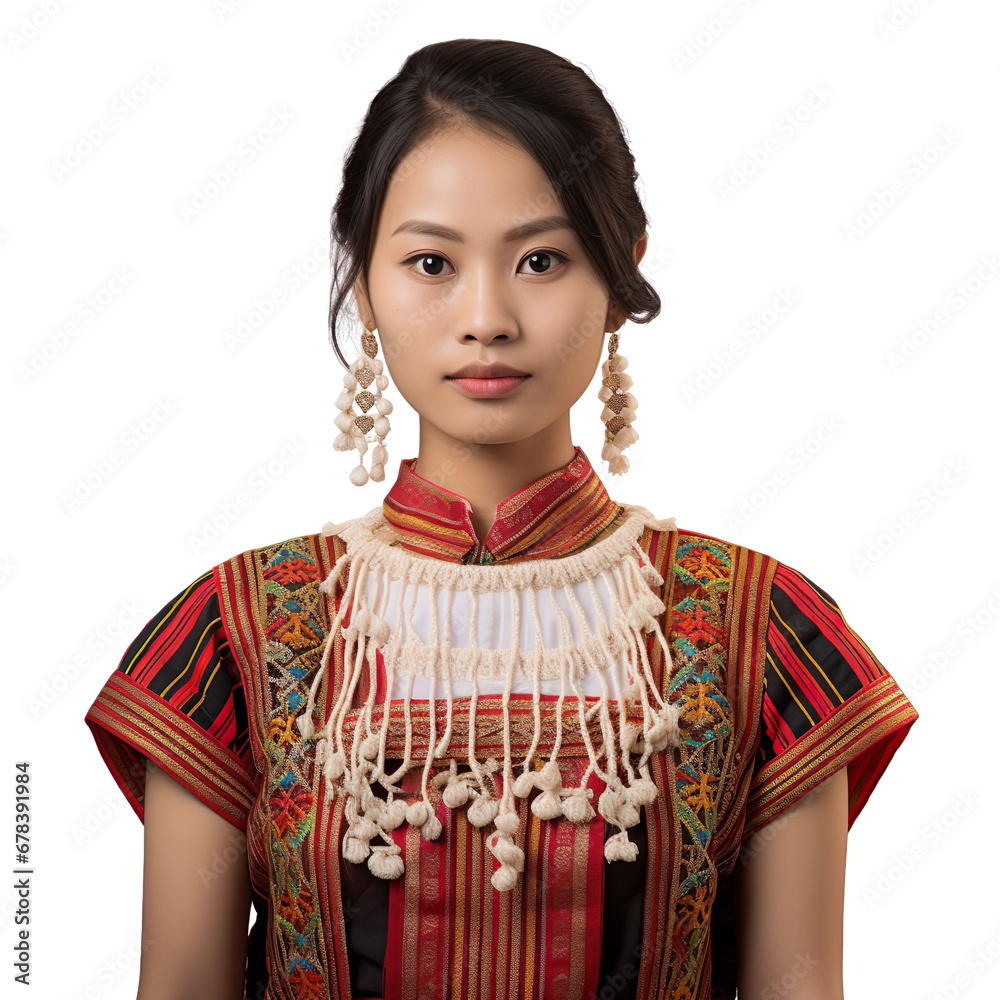 front view mid body shot of a female Kayan from Myanmar in a Kayan ...