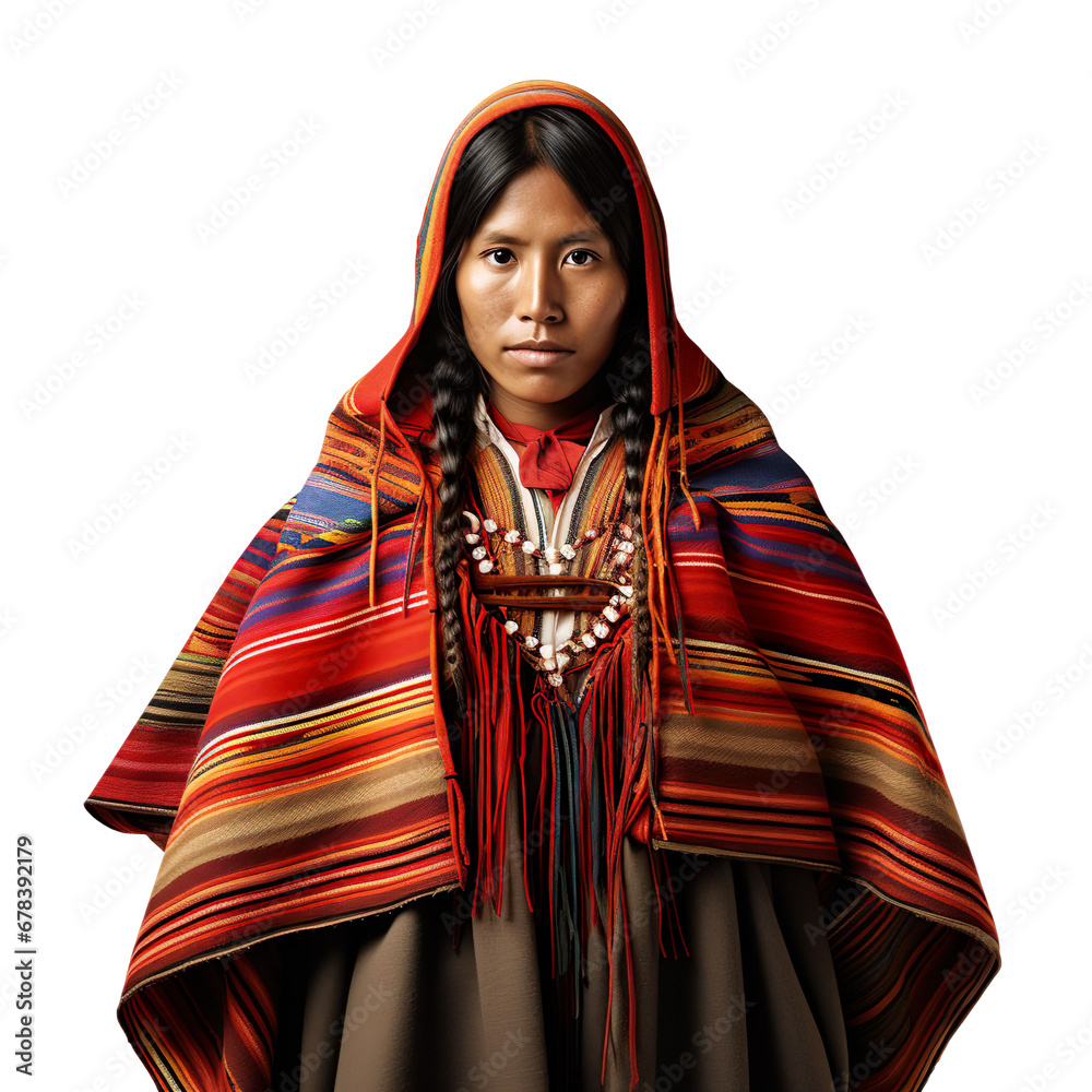 front view mid body shot of a female Quechua from Peru in a Poncho ...