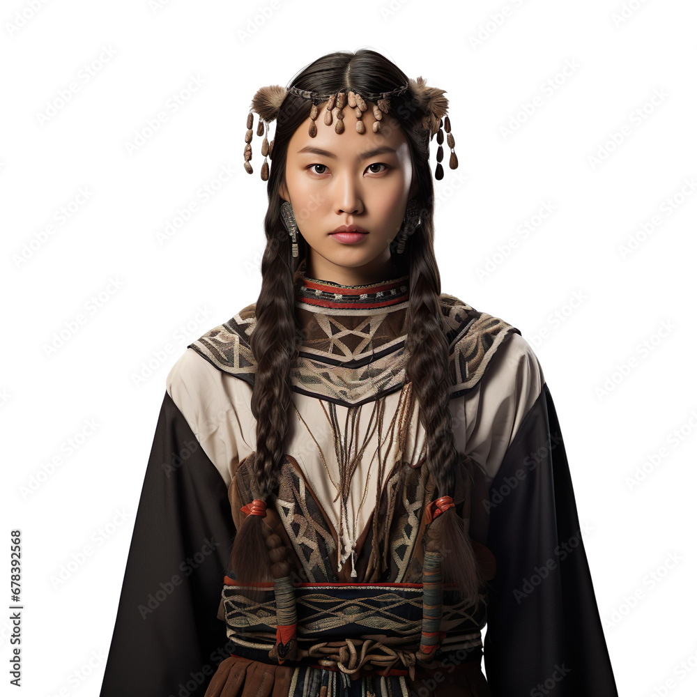 front view mid body shot of a female Ainu from Japan in an Attus ...