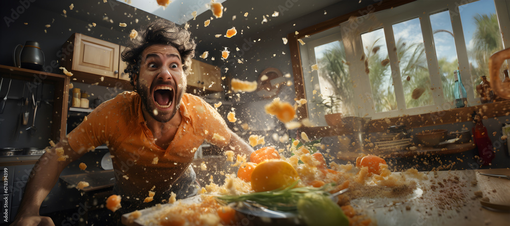 Raging man over the table full of distressed food, fruits and ...