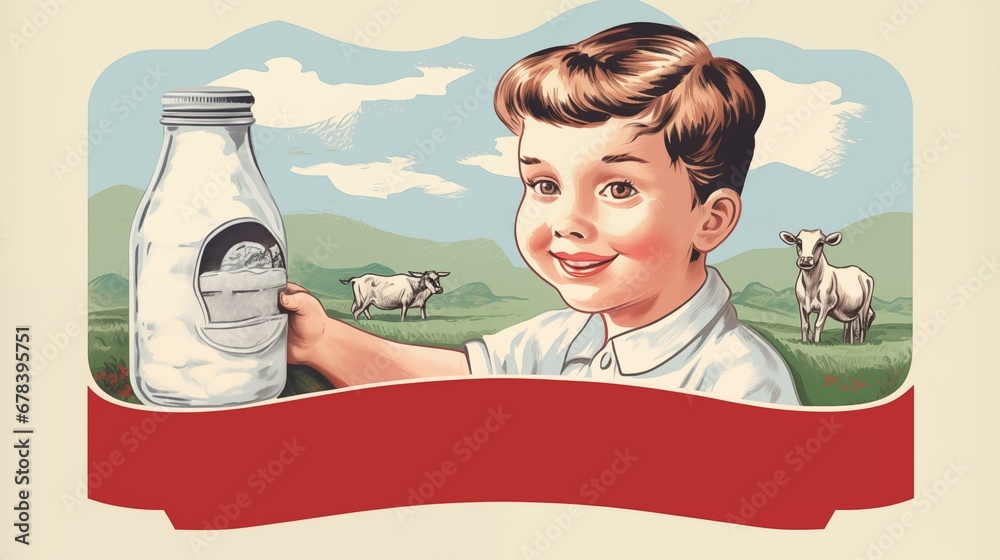 Advertisement of milk and other dairy products. Retro vintage poster ...