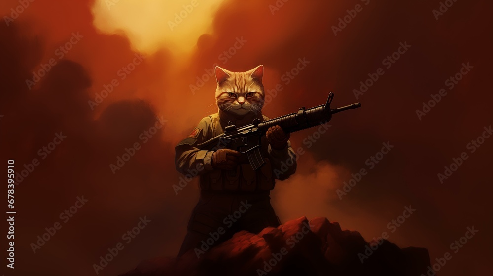 Cute soldier cats. A stern cat in military uniform and with a rifle ...