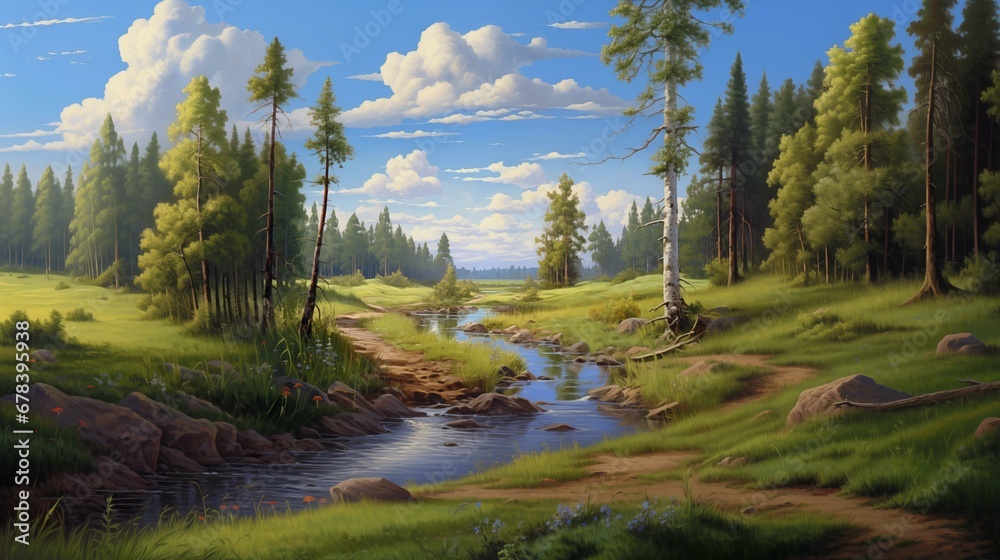 Summer landscape. Detailed forest scene. A serene, chilly landscape ...