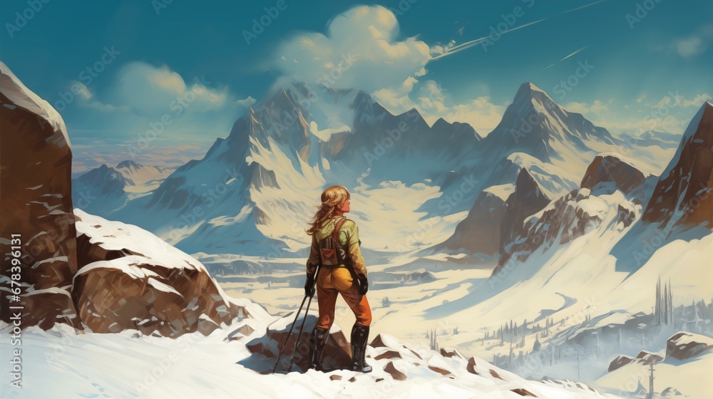 Beautiful woman smiling. Pin up. Ski resort advertisement. Snow ...