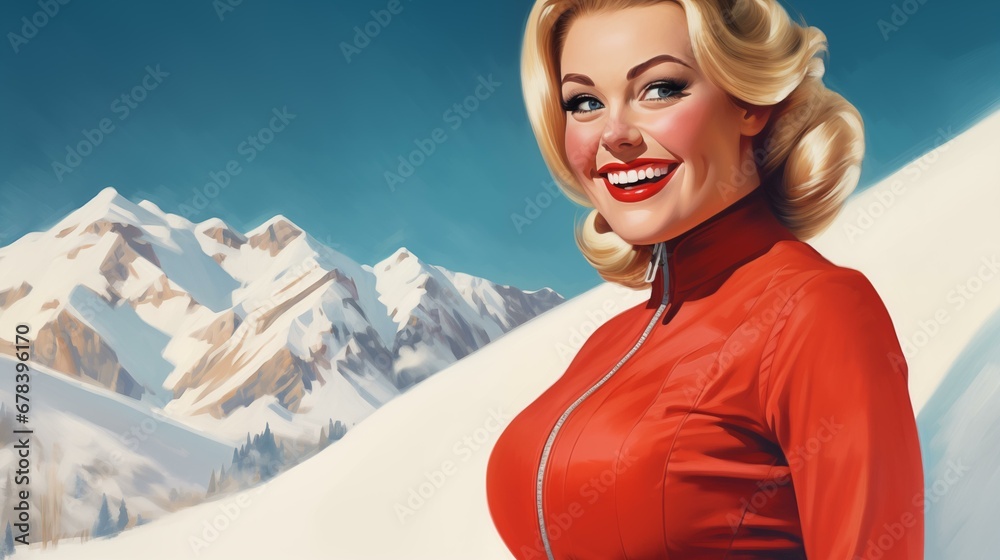Beautiful woman smiling. Pin up. Ski resort advertisement. Snow ...