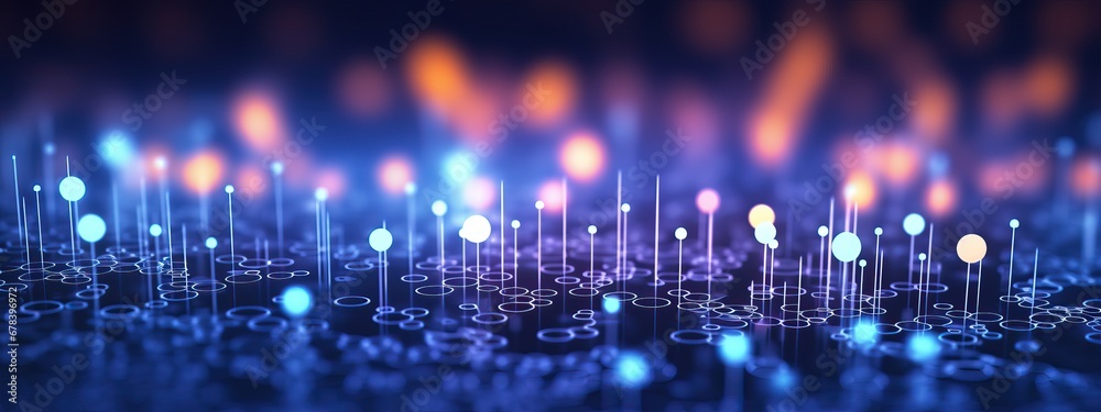 Abstract tech background with illuminated fiber optic connections, quantum computing network ...