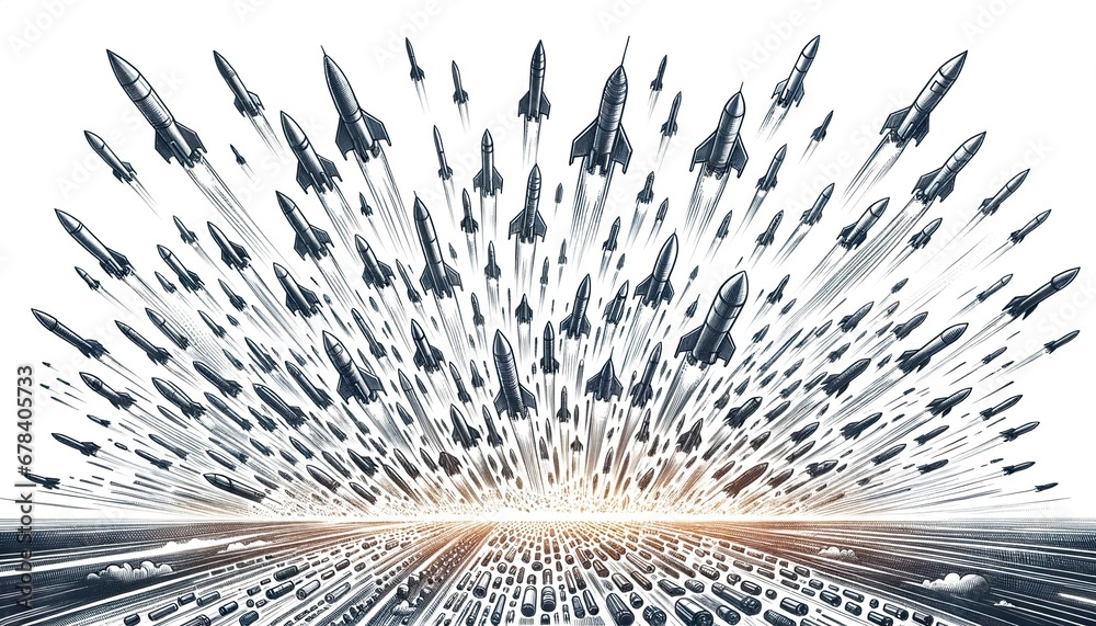 Launch and flight of many military missiles on a white background ...