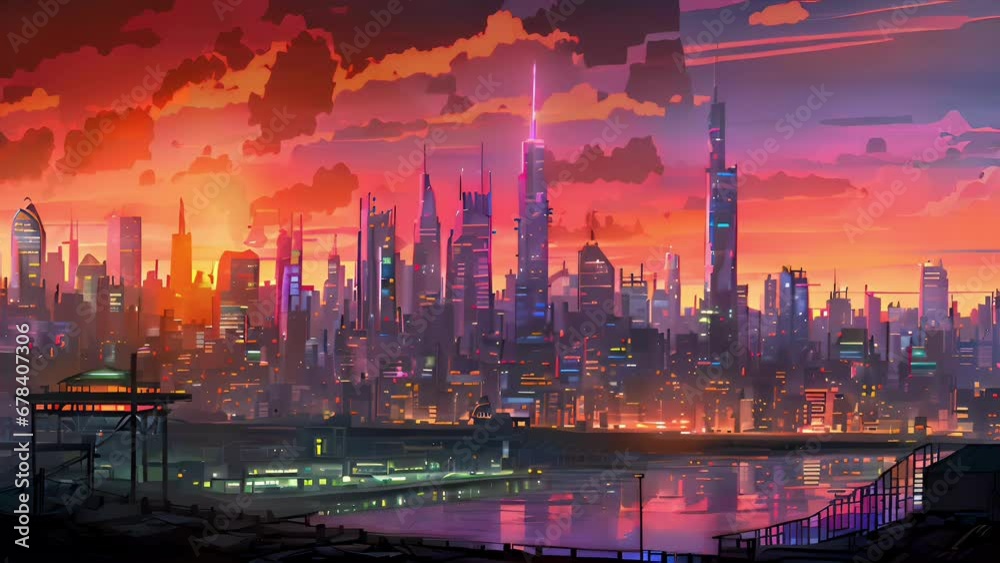 Beautiful Colorful Cyberpunk City Skyline with Changing Sky, Shifting ...