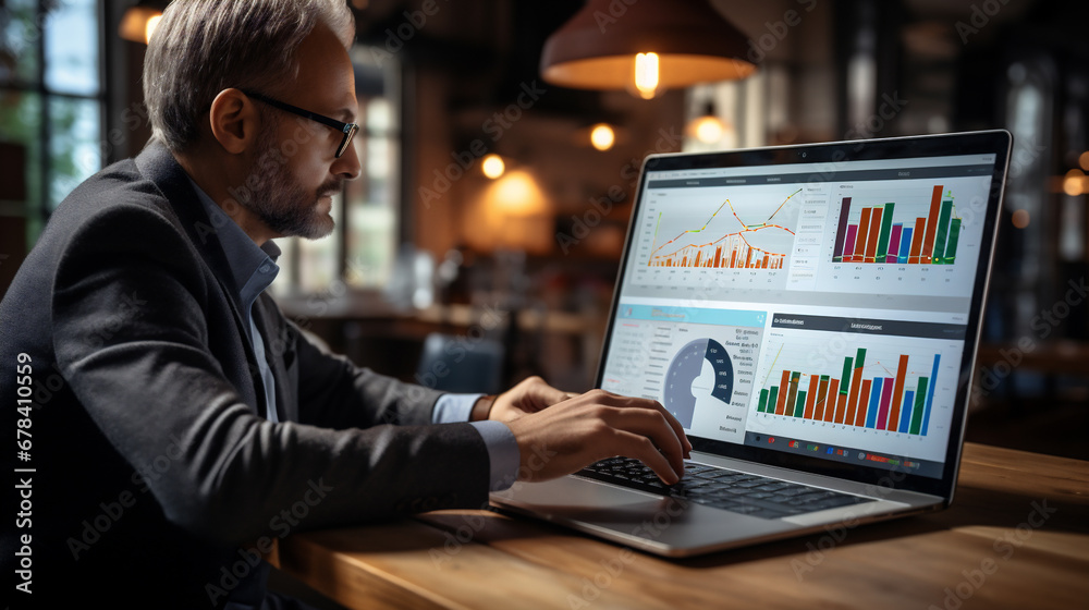 Businessman works on laptop showing business analytics dashboard with ...