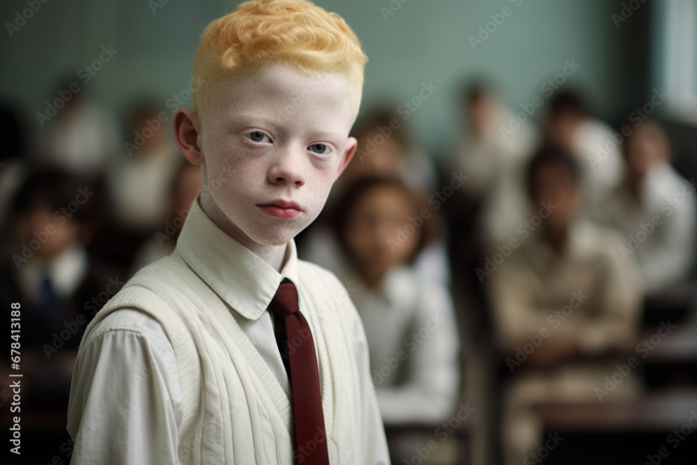 Generative AI illustration of portrait young boy with albinism stands ...