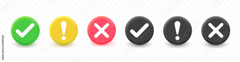 Check mark icons. Tick sign, exclamation mark and cross icon. Yes and ...