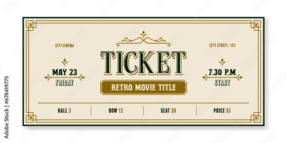 Movie ticket template in vintage style on a light background. For ...