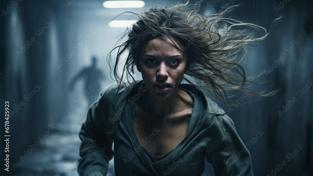 Scared girl runs away from murderer in dark corridor, face of shocked ...