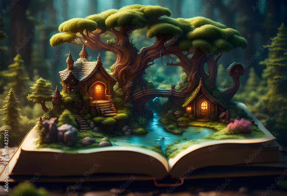 magical open book coming to life a giant forest village coming to life ...