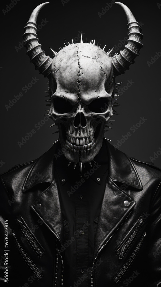 horned devil demon skull in leather jacket in black and white concept ...