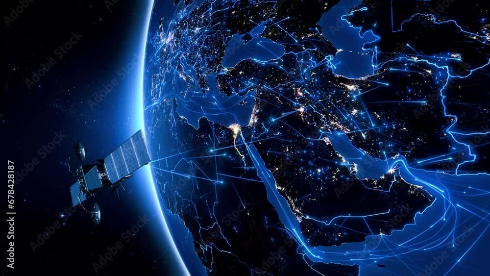 Satellite Sending signals to Earth. Middle East Map with connections ...