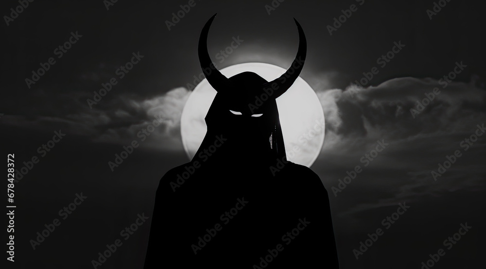Horned devil figure silhouette standing standing moon white circle ...