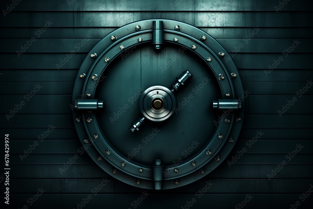 Front view of a closed bank vault door for background or wallpaper with ...