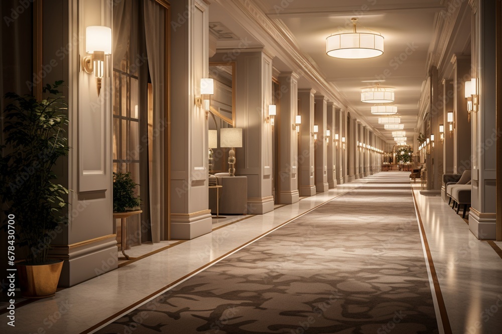 the interior of a luxury hotel corridor, with soft, ambient lighting ...