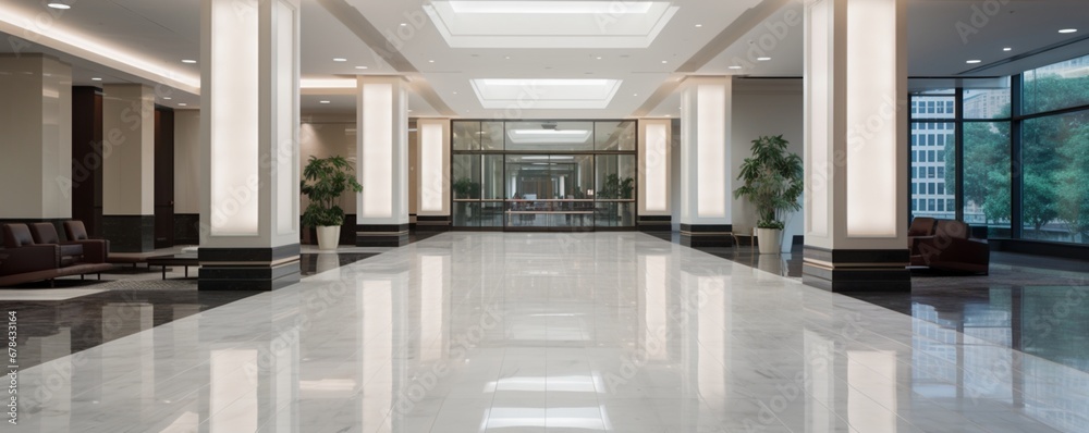 a modern commercial building lobby corridor with a sleek, minimalist ...