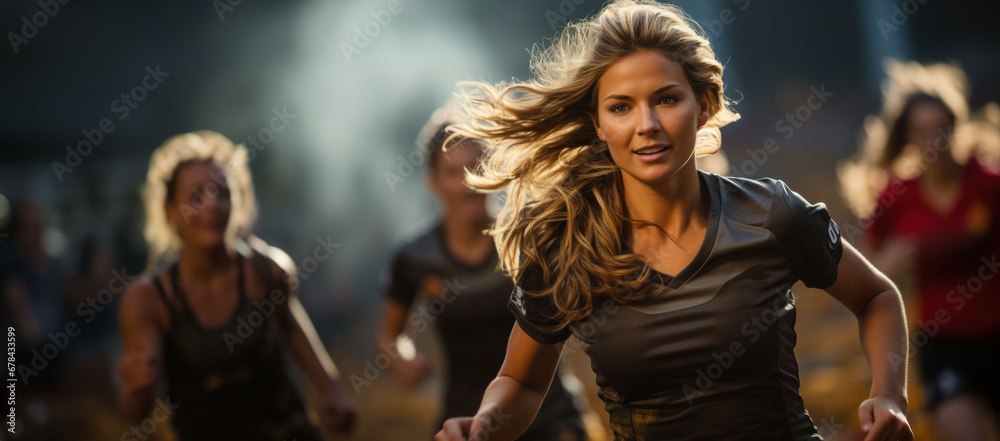 Athletic woman in mid-stride, leading a charge of footballers with ...