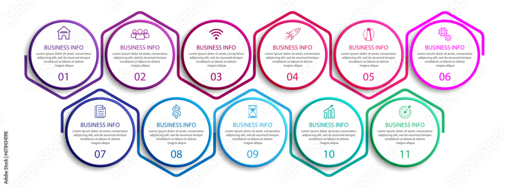 Simple 11 step infographic. color lines, symbols and text in one ...