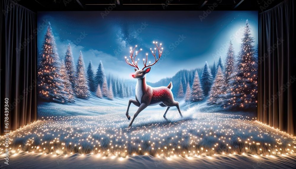 Rudolph the red nosed reindeer, prancing over a snow-dusted meadow ...