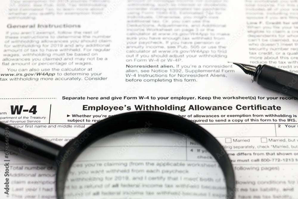 IRS Form W-4 Employee's withholding allowance certificate blank on A4 ...