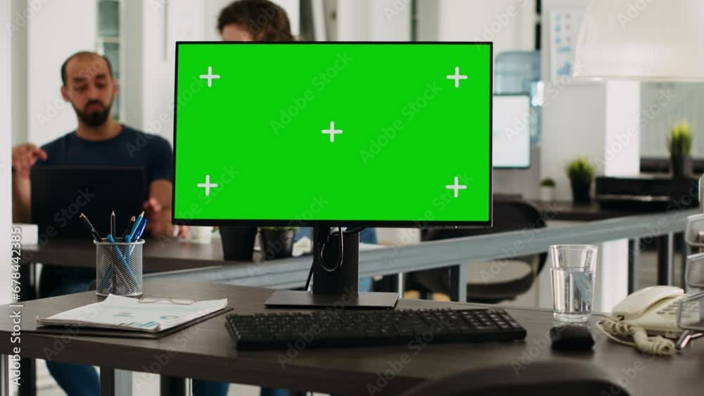 Computer desktop with greenscreen on empty office workstation, mockup ...