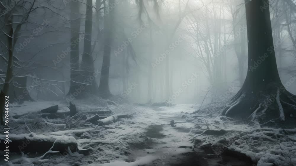 A wintry spell cast upon a forest thick fog blanketing the area with a ...