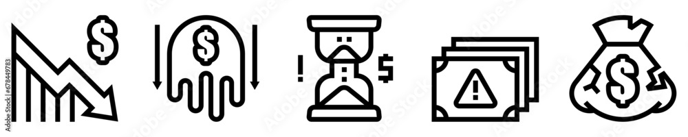 Conjunto de icono de crisis económica. declive financiero, quiebra ...