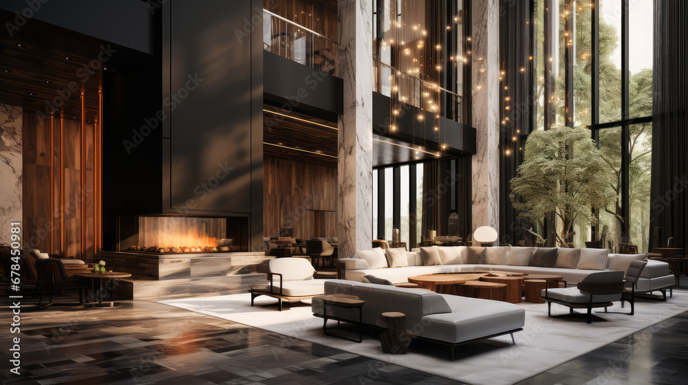 very tall ceiling luxury mid century lobby in the modern building in ...