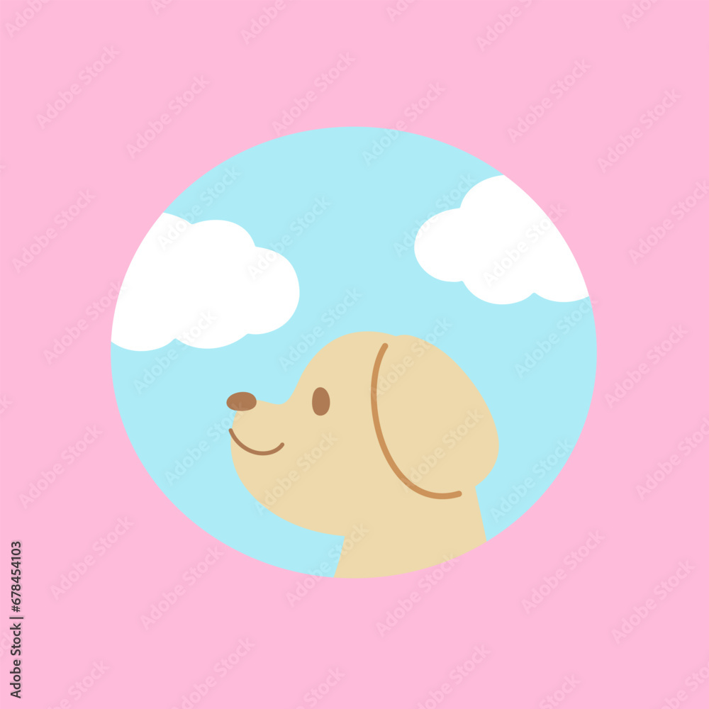 Dog puppy with blue sky on a pastel pink background for cute sticker ...