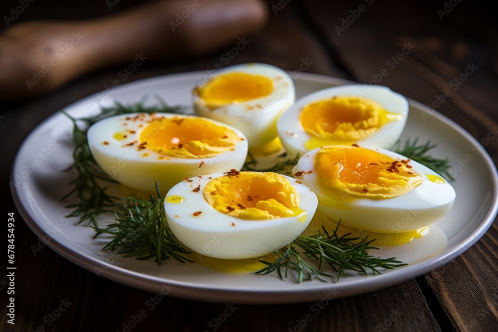 A close-up shot of a plate full of perfectly cooked hard-boiled eggs ...