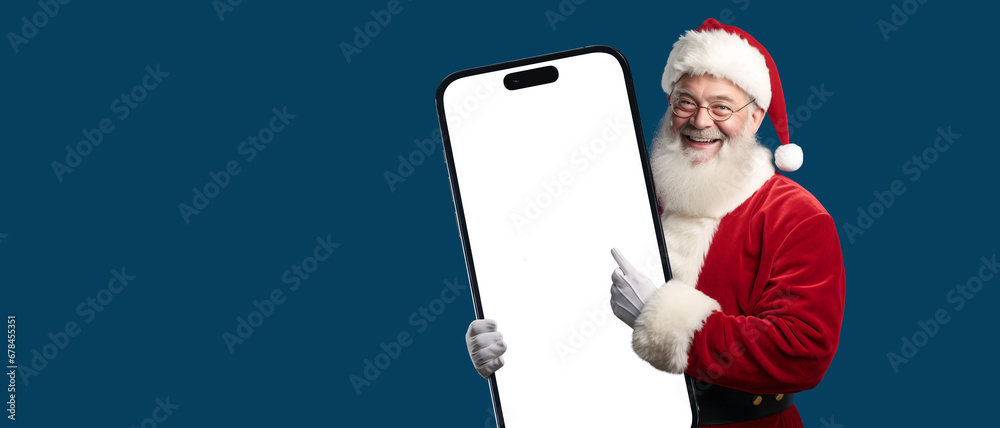 happy santa claus holding a giant smartphone with transparent screen ...
