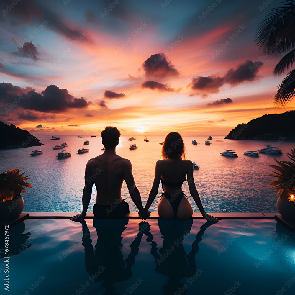 Back of Couple in Love in Infinity Pool at a Luxury Resort by the Ocean ...