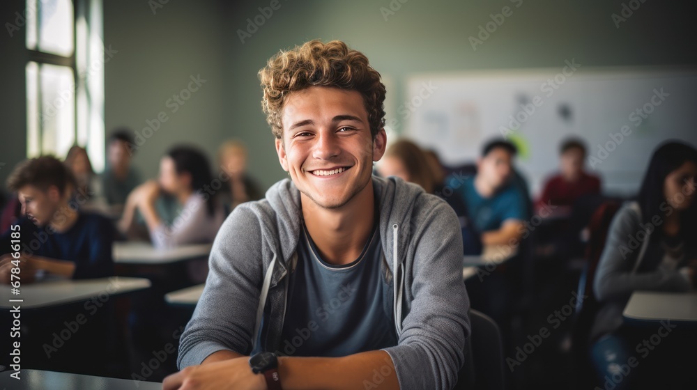Graduation concept, Smiling male student sitting in university ...