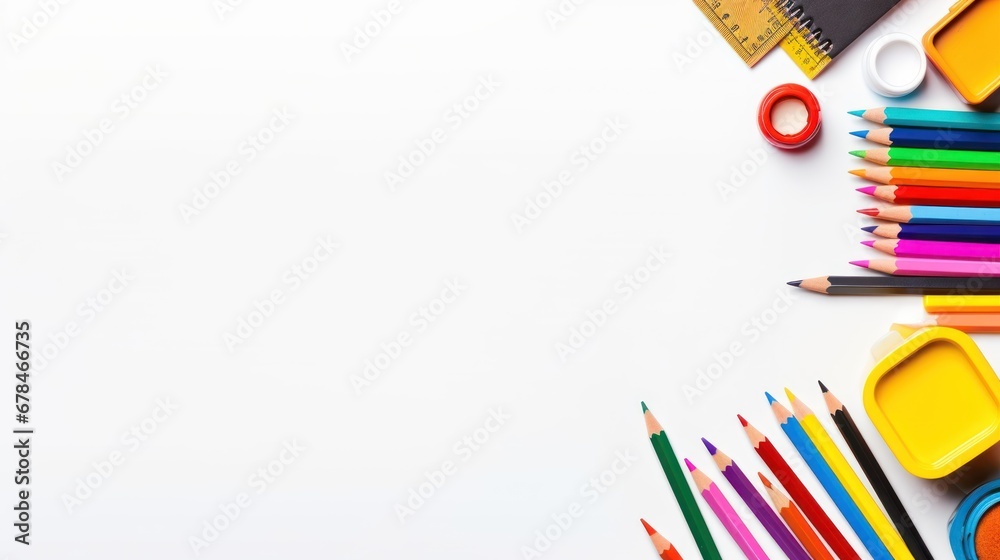 Top view of Colorful school supplies double border over a lined paper ...