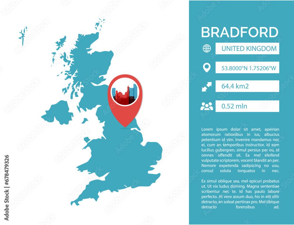 UK Bradford map shape vector infographics template. Modern United ...