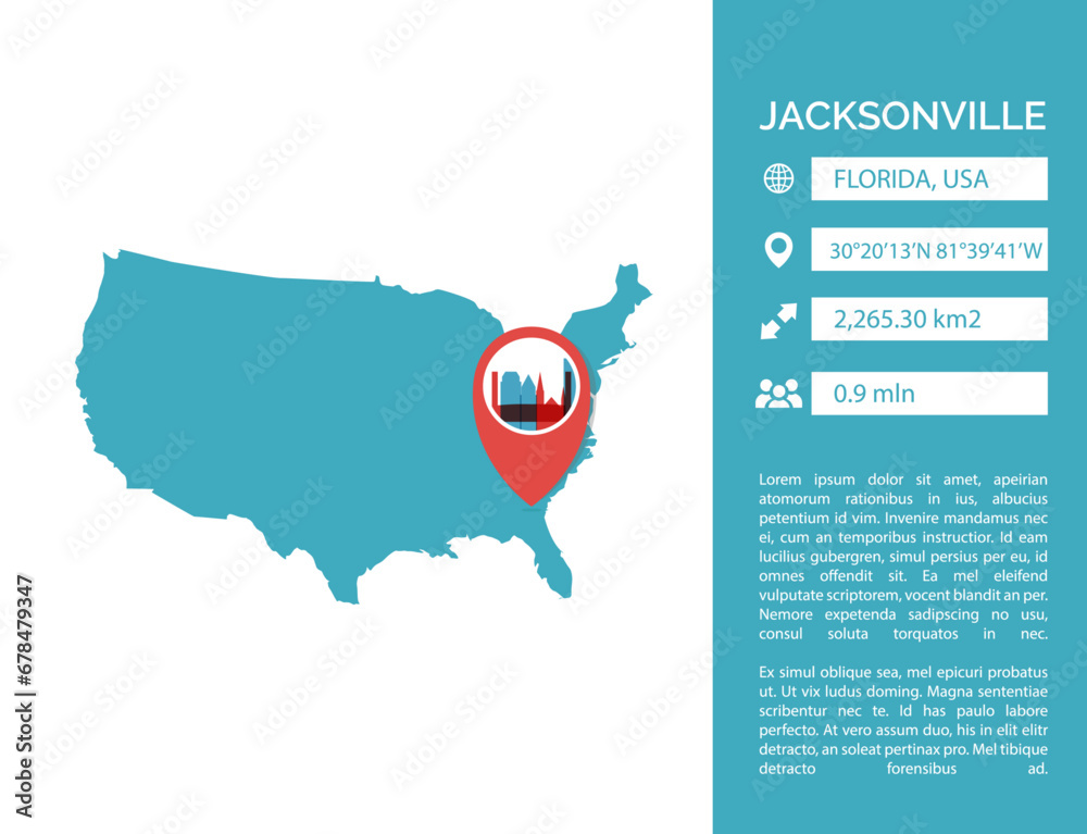 USA Jacksonville map shape vector infographics template. Modern United ...