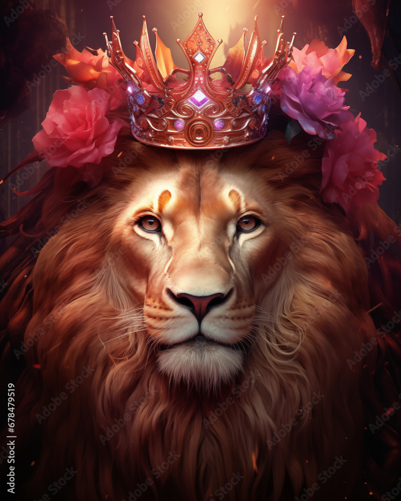 lion wearing a pink glowing crown, lion in the night, fantasy lioness ...