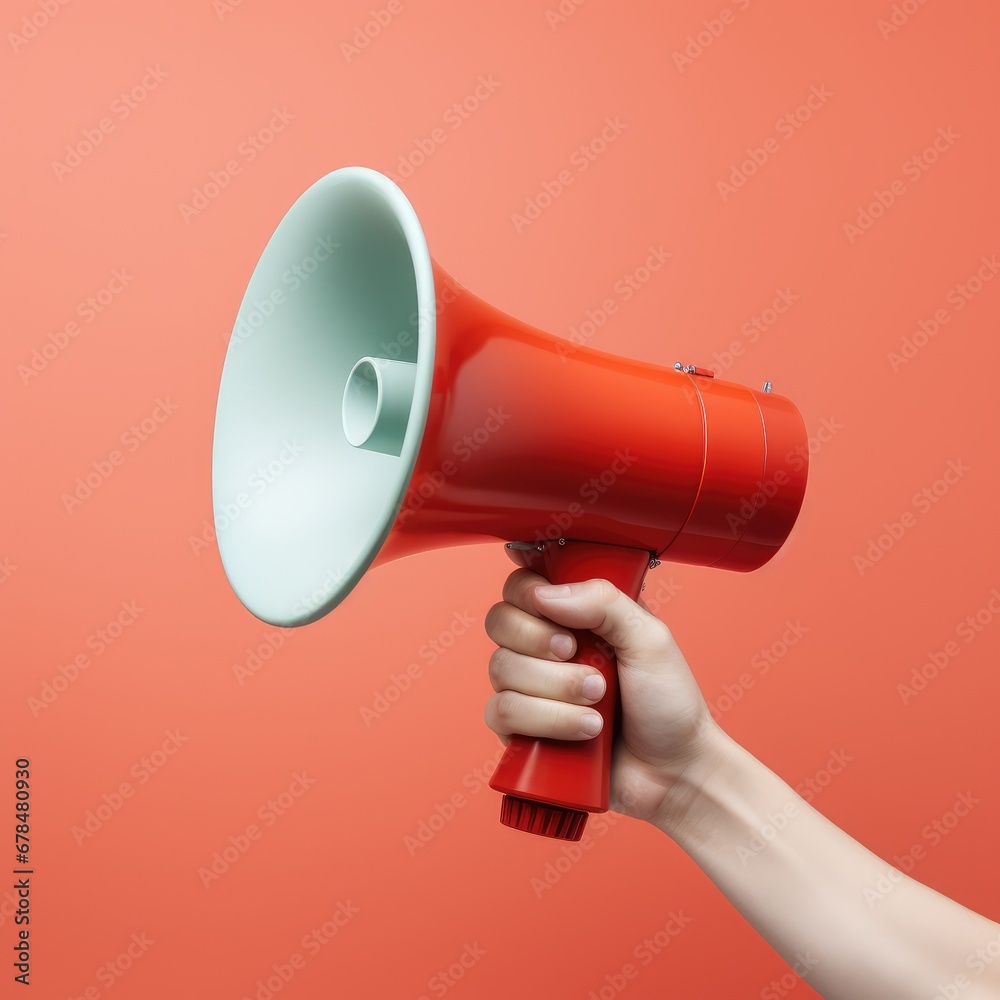 Hand holding a megaphone, symbolizing protest, against a clean ...