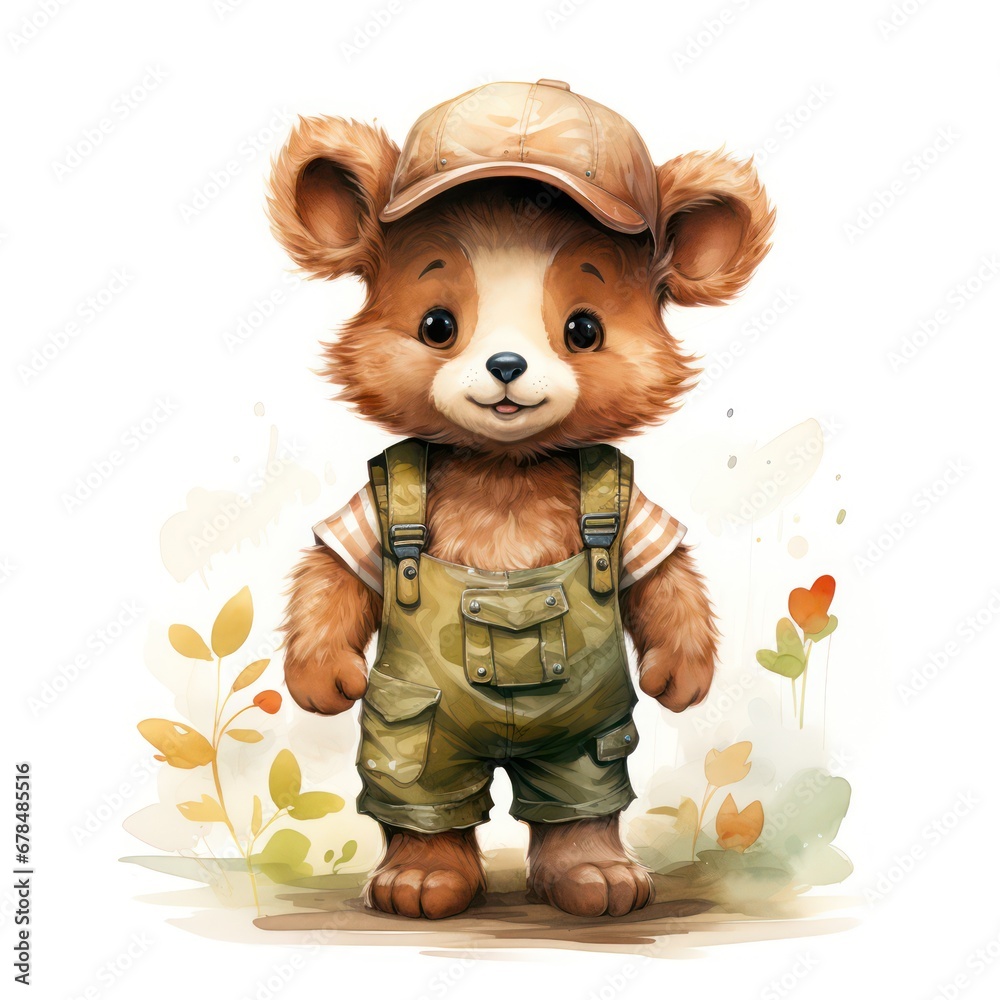 Watercolor clipart depicting a brown teddy bear in adventurer clothing ...