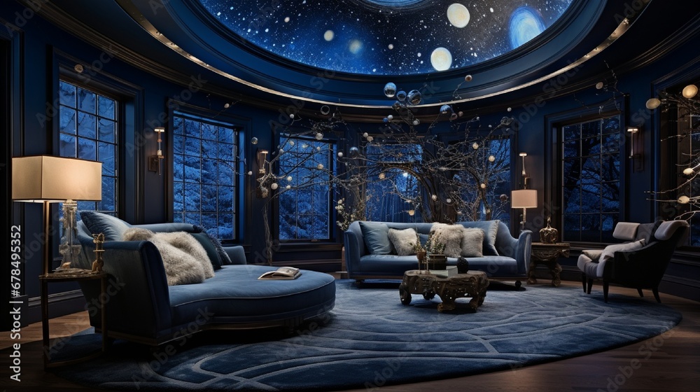 A celestial-themed living room with cosmic patterns and ethereal decor ...